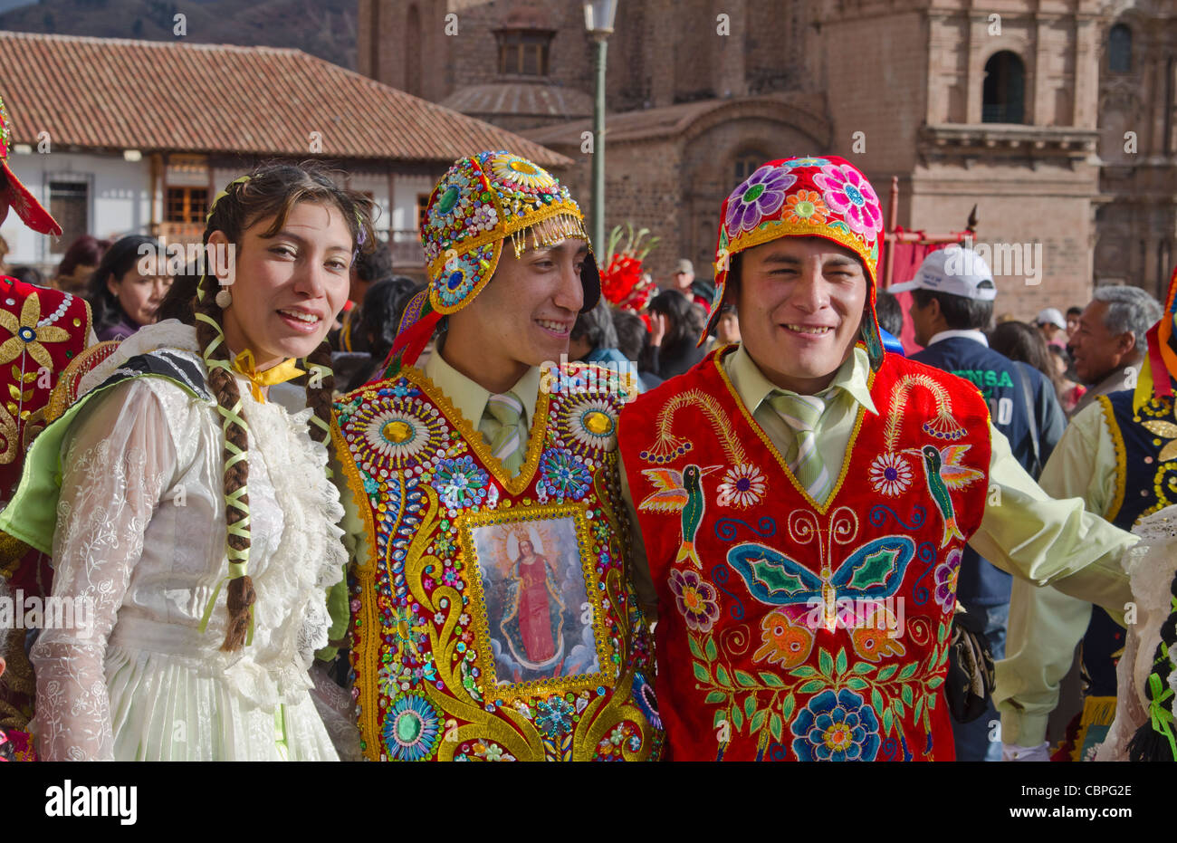 Dancers in bright beads and traditional dress in Main Square in Cusco ...