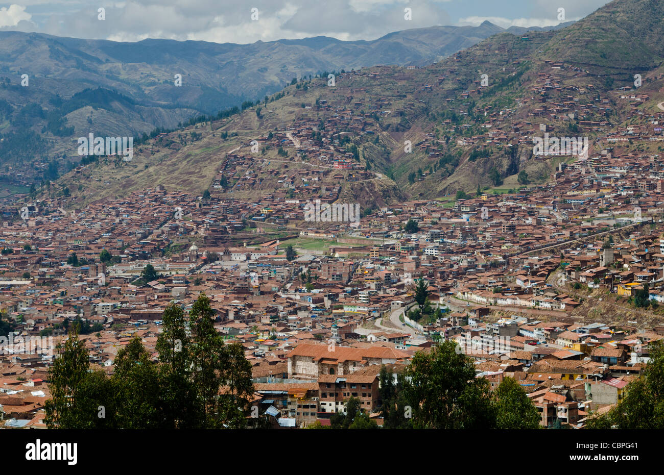 Aerial of Cusco Cuzco Peru from mountains above city South America ...