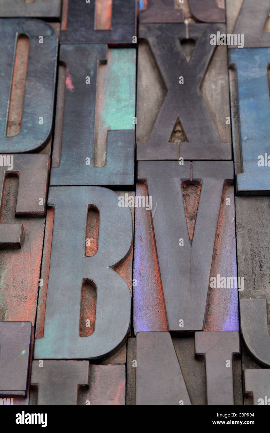 antique wood letterpress printing blocks with color ink patina, random ...