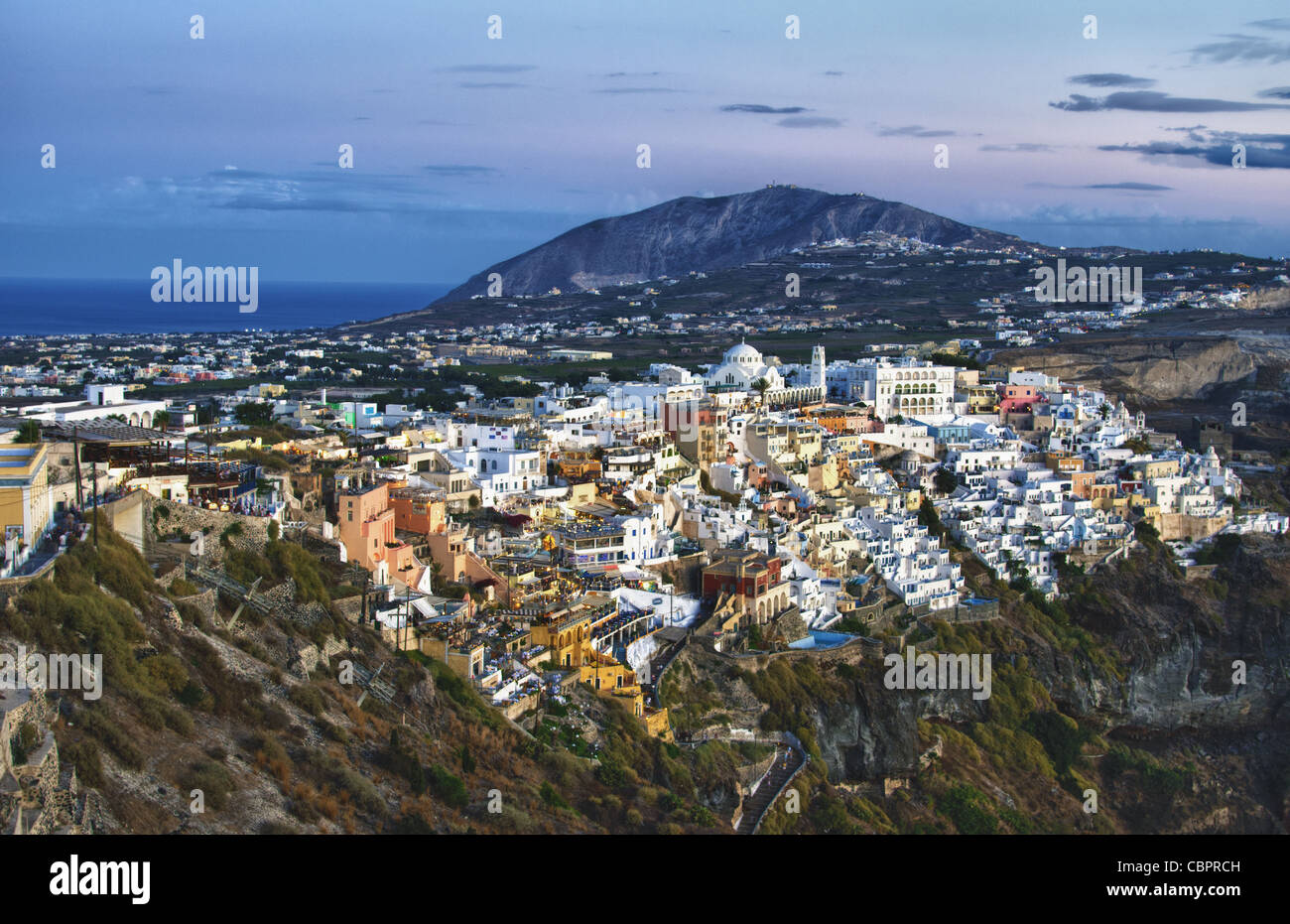 City of Fira Santorini Greece at night from mountains with sky and ...