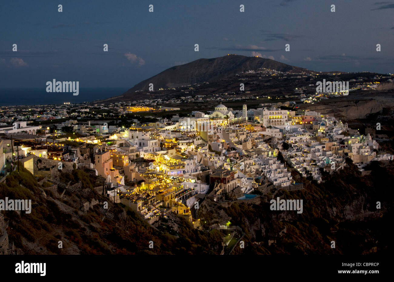 City of Fira Santorini Greece at night from mountains with sky and ...
