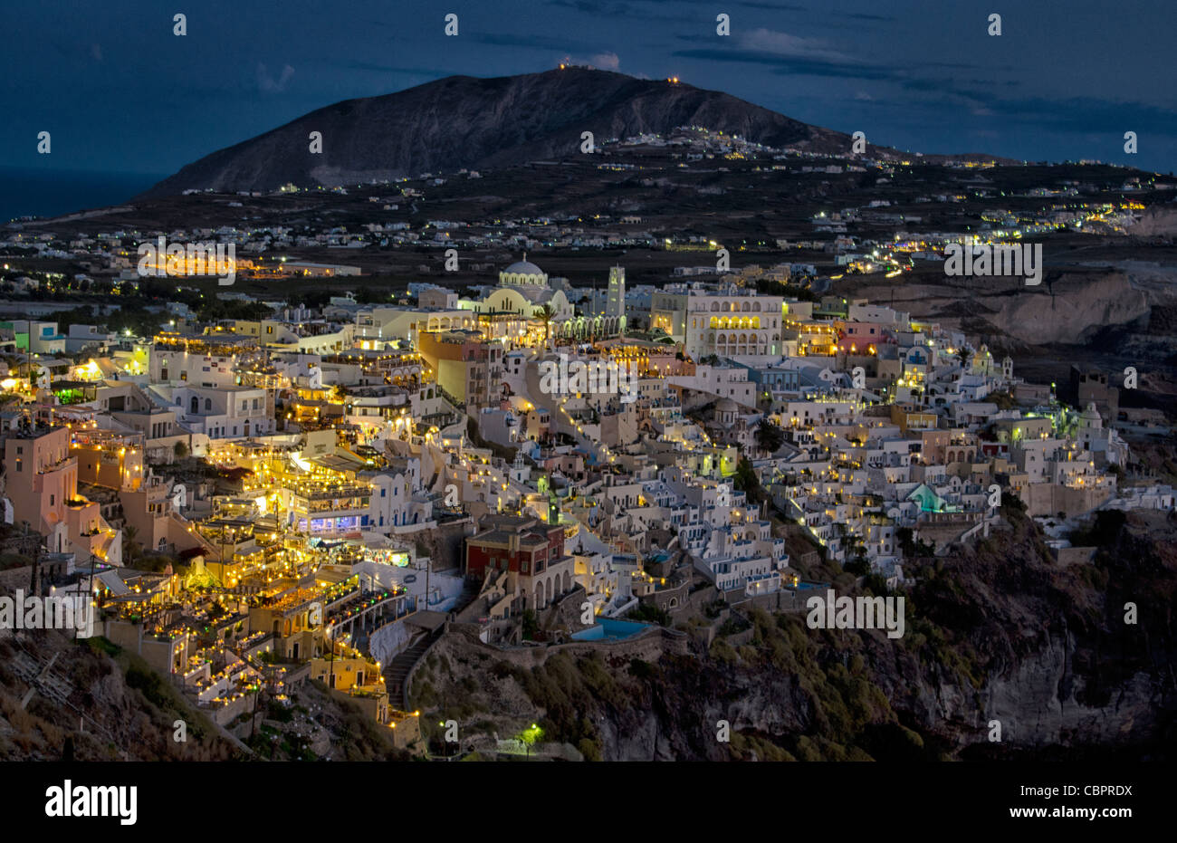 City of Fira Santorini Greece at night from mountains with sky and ...