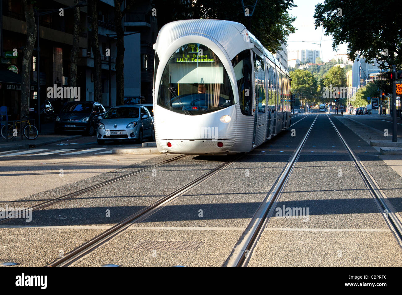 Lyon, France: A tram on the T1 line passes through the Confluence and ...