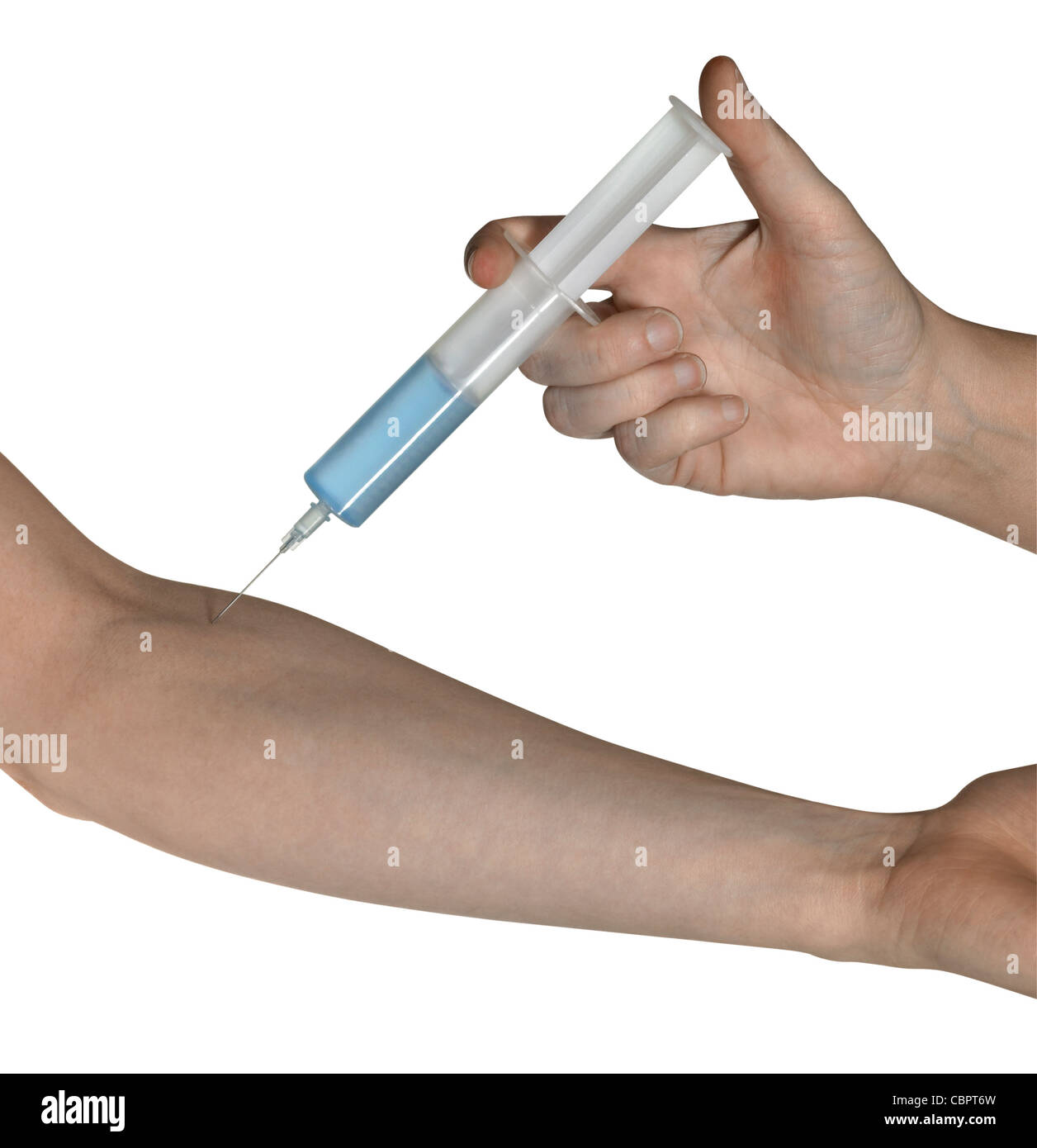 medical theme showing hand and arm while injecting some blue fluid ...