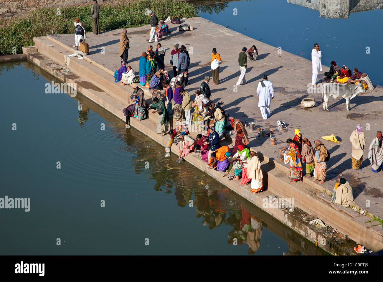 Hindu pilgrims making a ritual offering (puja). Pushkar Lake. Rajasthan ...