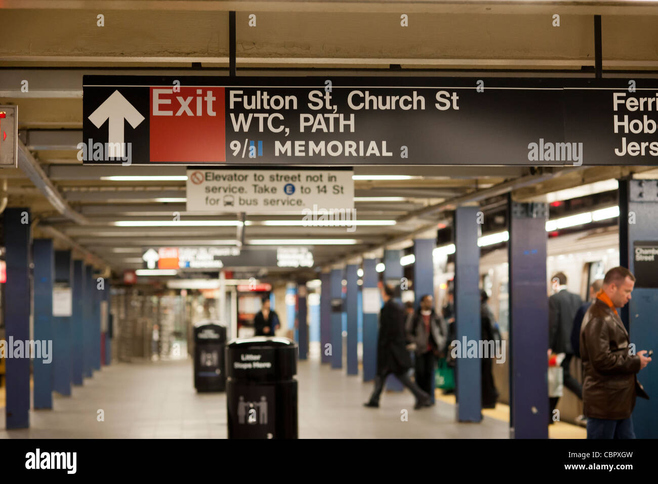 Signs in the World Trade Center station in the subway in New York ...