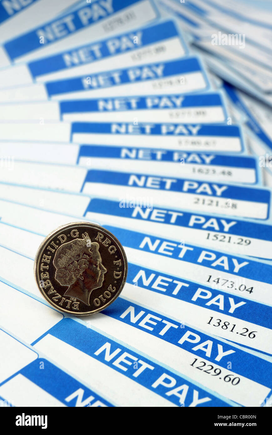 BRITISH PAYSLIPS WITH POUND COIN RE INCOMES WAGES JOBS RISING INFLATION ...