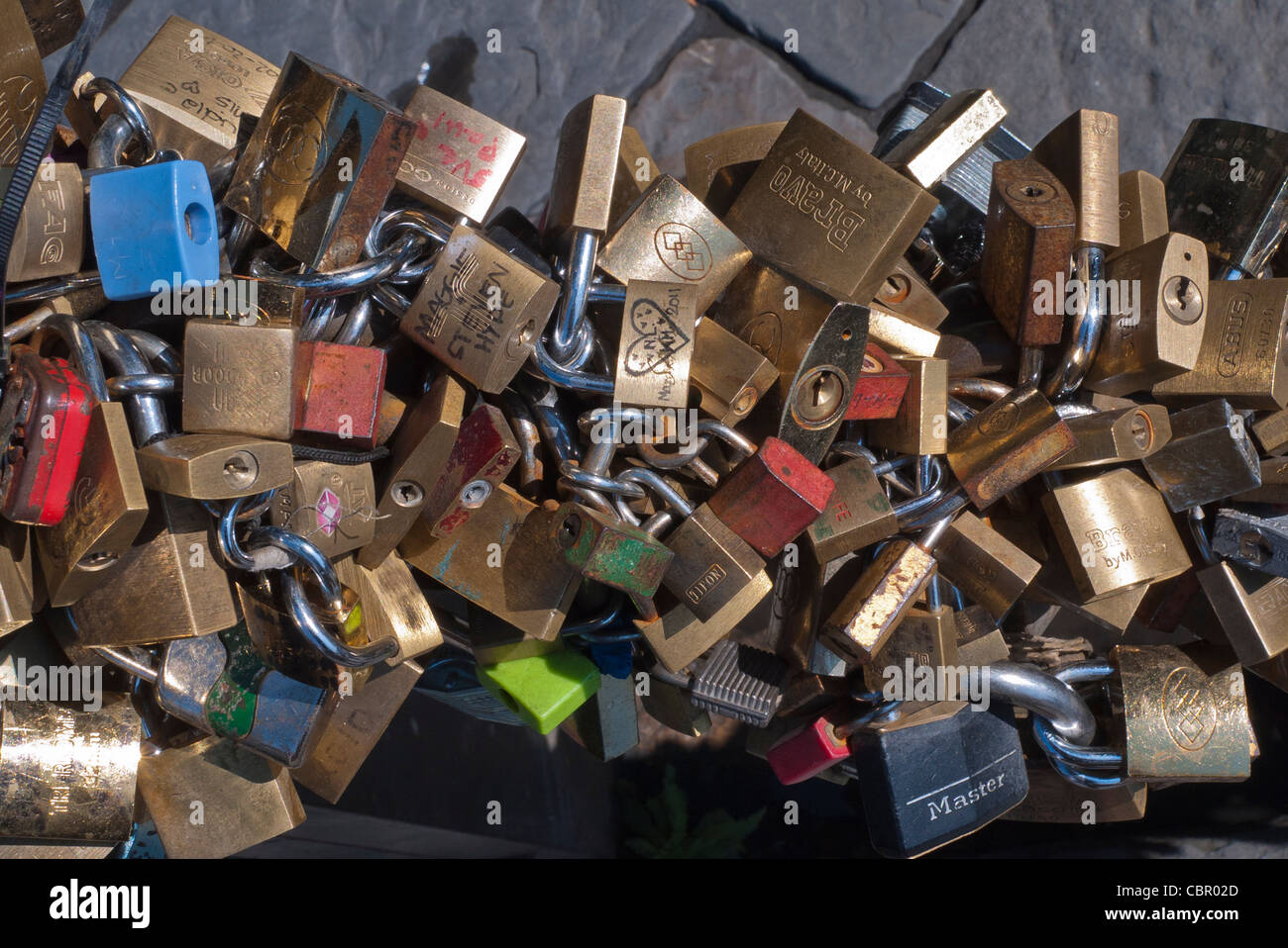A chain full of padlocks, known as "love locks" placed by lovers ...
