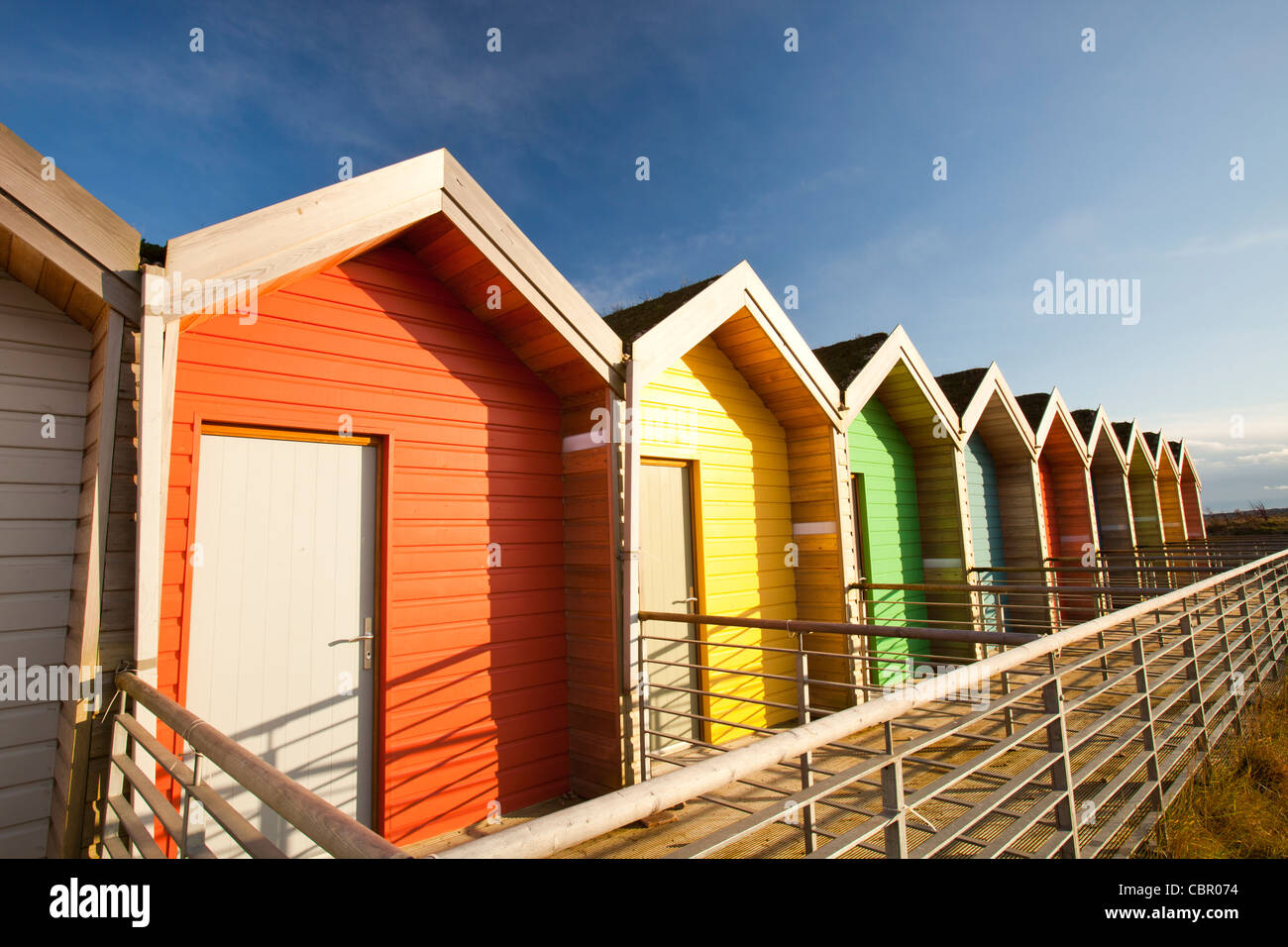 Traditional British beach huts on the coast at Blyth, Northumberland ...
