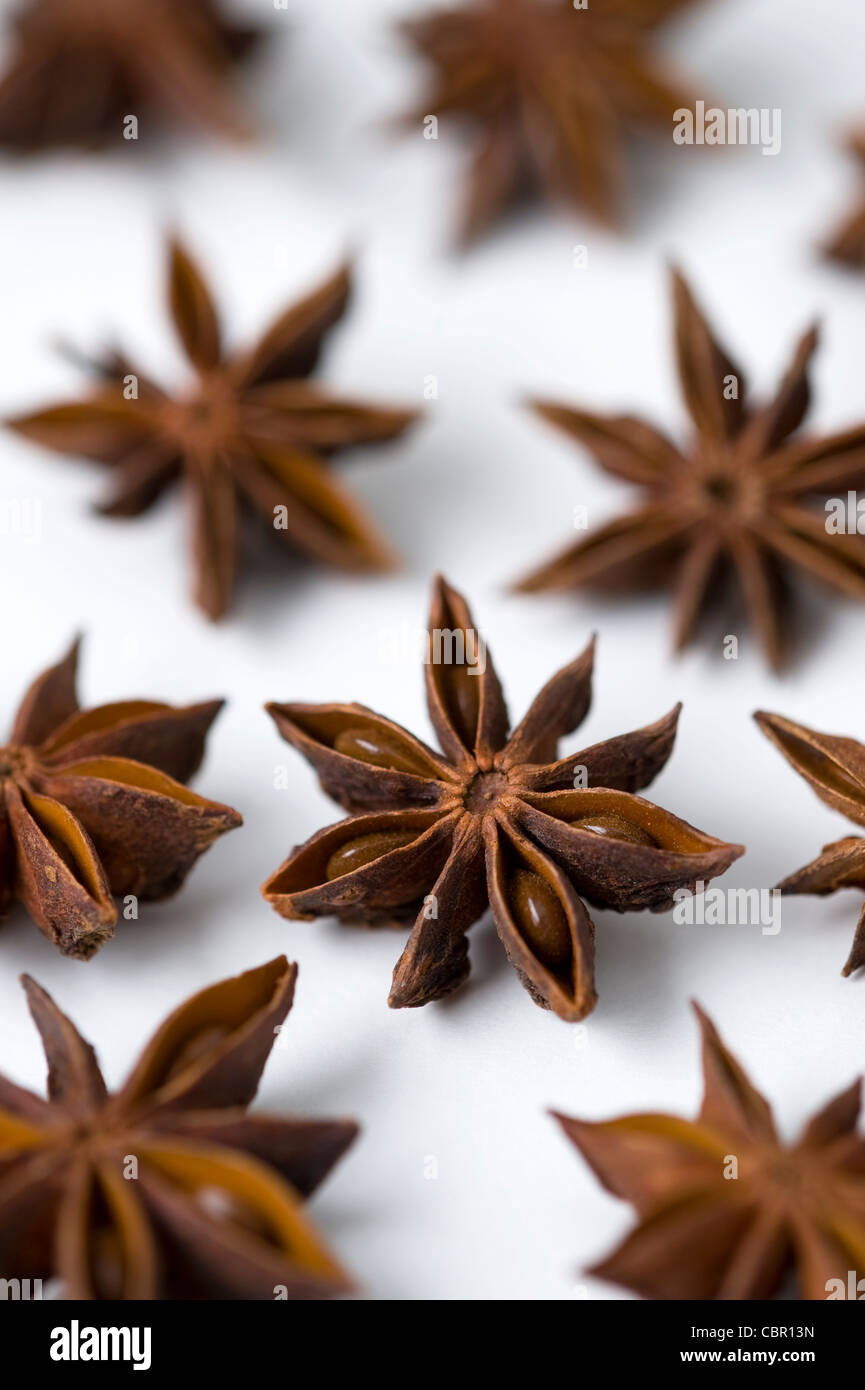 whole star anise arranged against a white background Stock Photo - Alamy