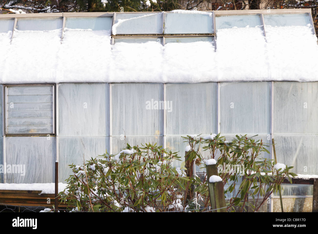 A greenhouse in winter with snow on the roof Scotland UK Stock Photo ...