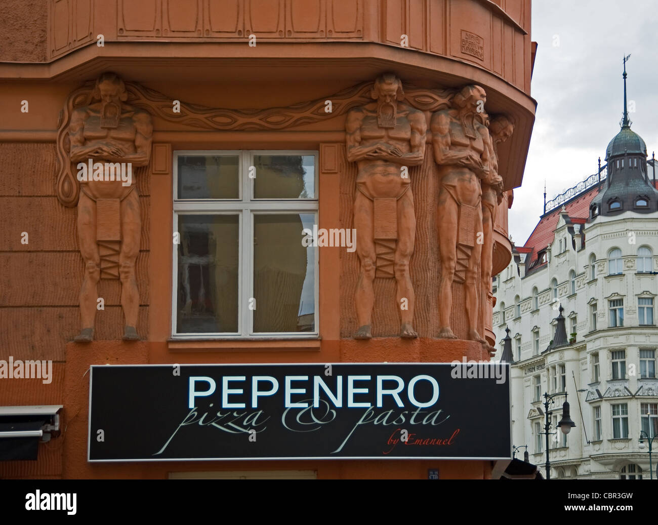 PEPENERO pizza & pasta restaurant in Prague titan columns Stock Photo ...