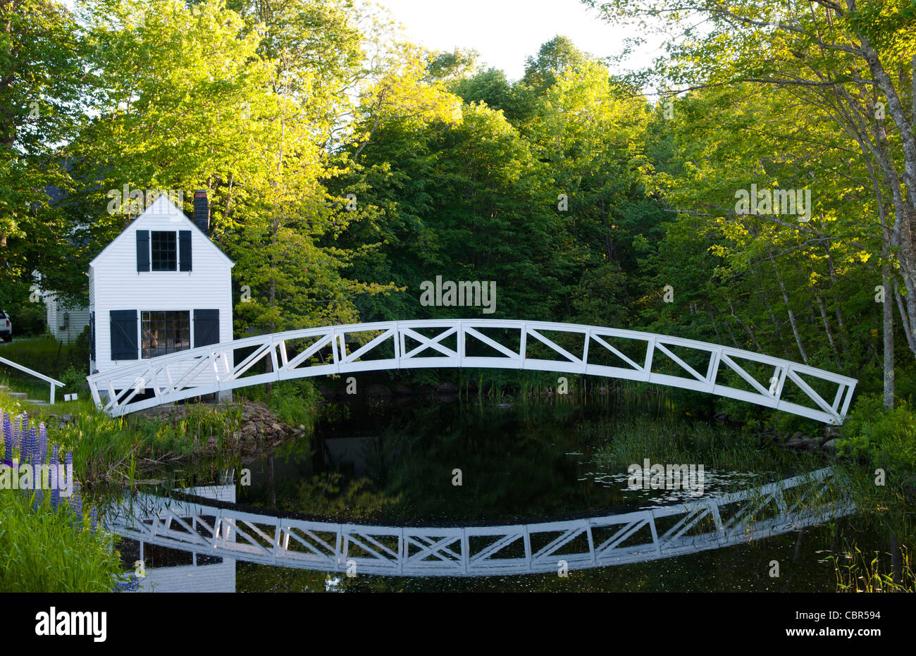 Beautiful lonely isolated curved bridge over water in Somesville Maine ...