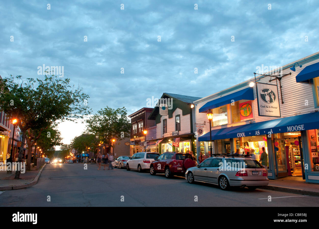 Main Street scenes with great sky in Bar Harbor Maine at night exposure ...