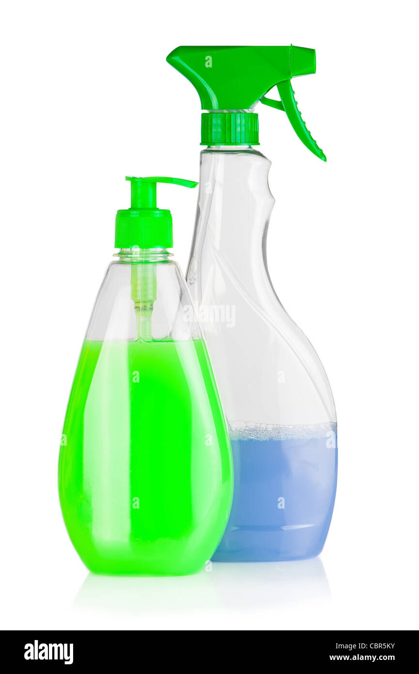 House cleaning supplies. Plastic bottles with detergent and liquid soap ...