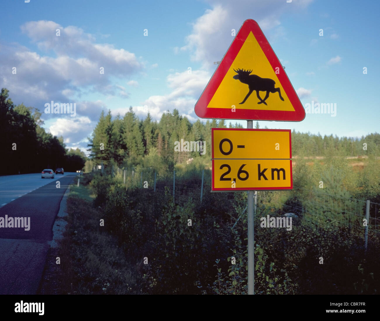 Elk road sign, with "elk fence" beyond,Sweden Stock Photo - Alamy