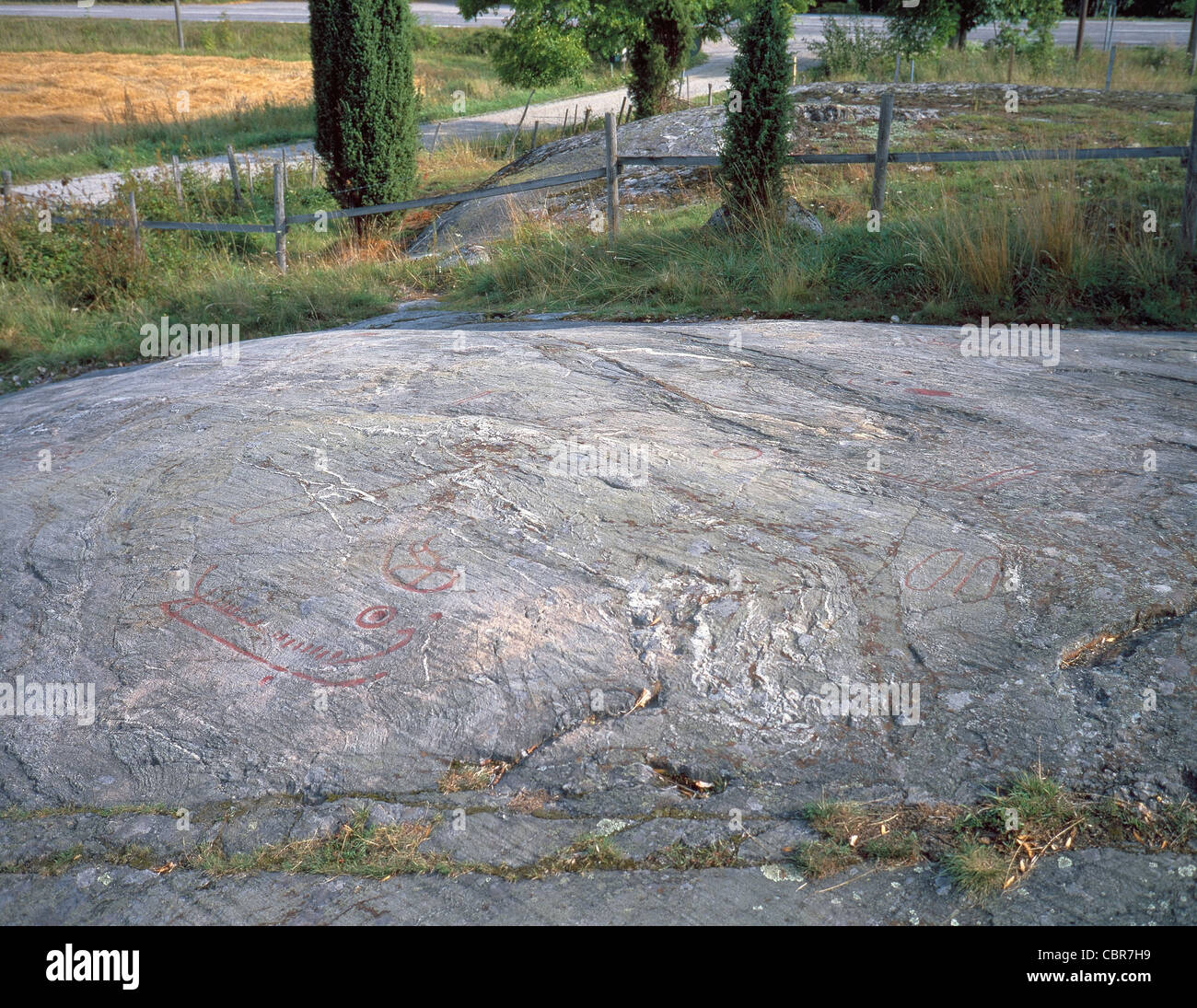 Longship and footprint Bronze Age rock carving, Hemsta, near Enköping ...