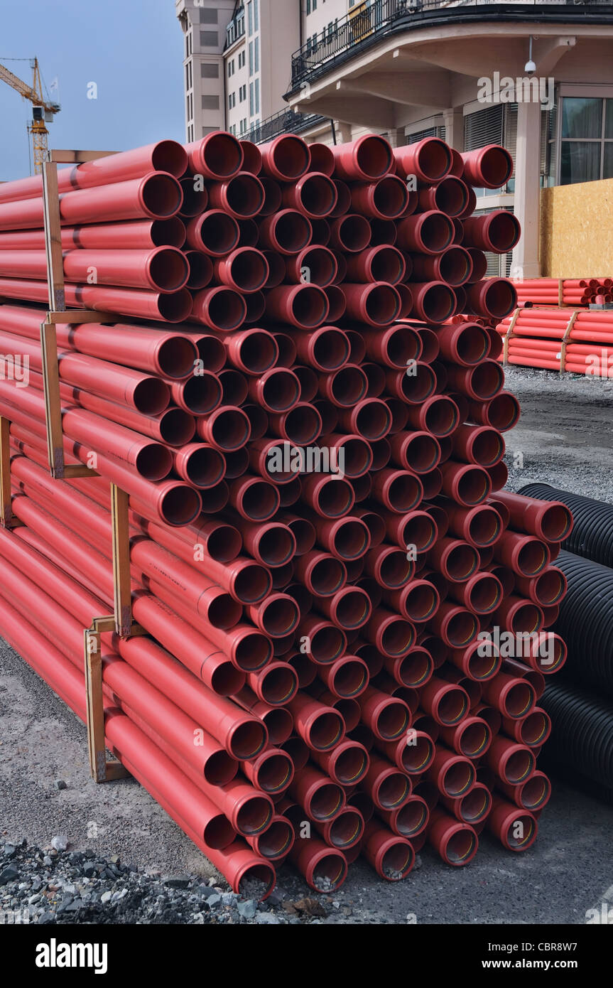Stack of plastic pipes at the construction site Stock Photo - Alamy