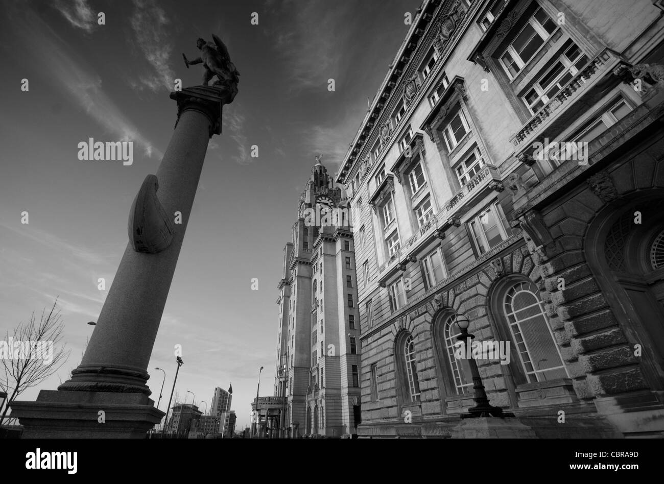 Wide-angle black and white shot of the Cunard and Liver Buildings ...