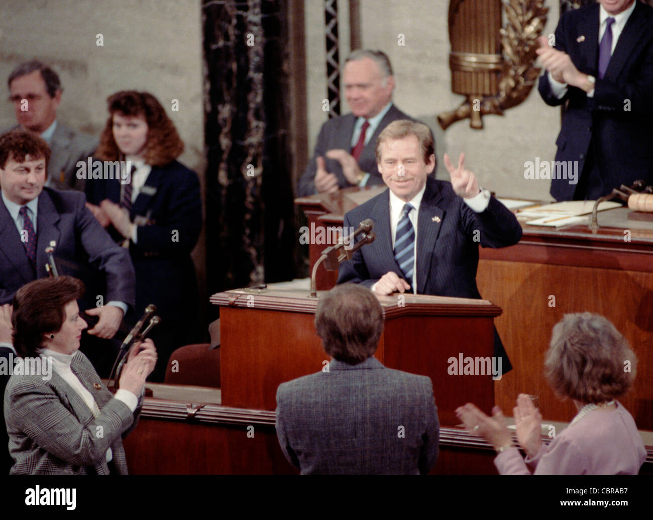Czechoslovak President Vaclav Havel flashes V for victory sign as he ...