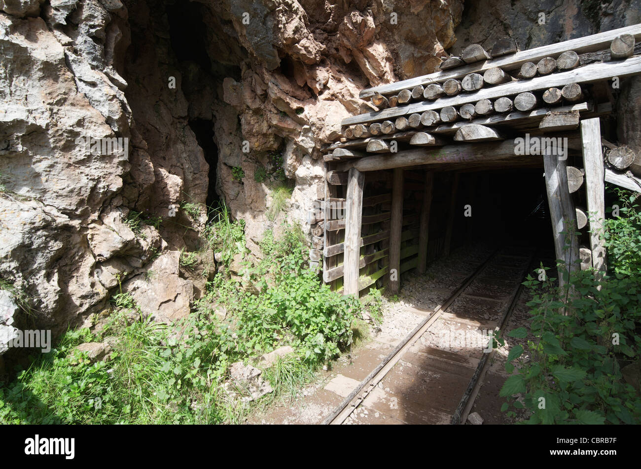 entrance to an old iron mine in the lakes of Covadonga, Asturias, Spain ...