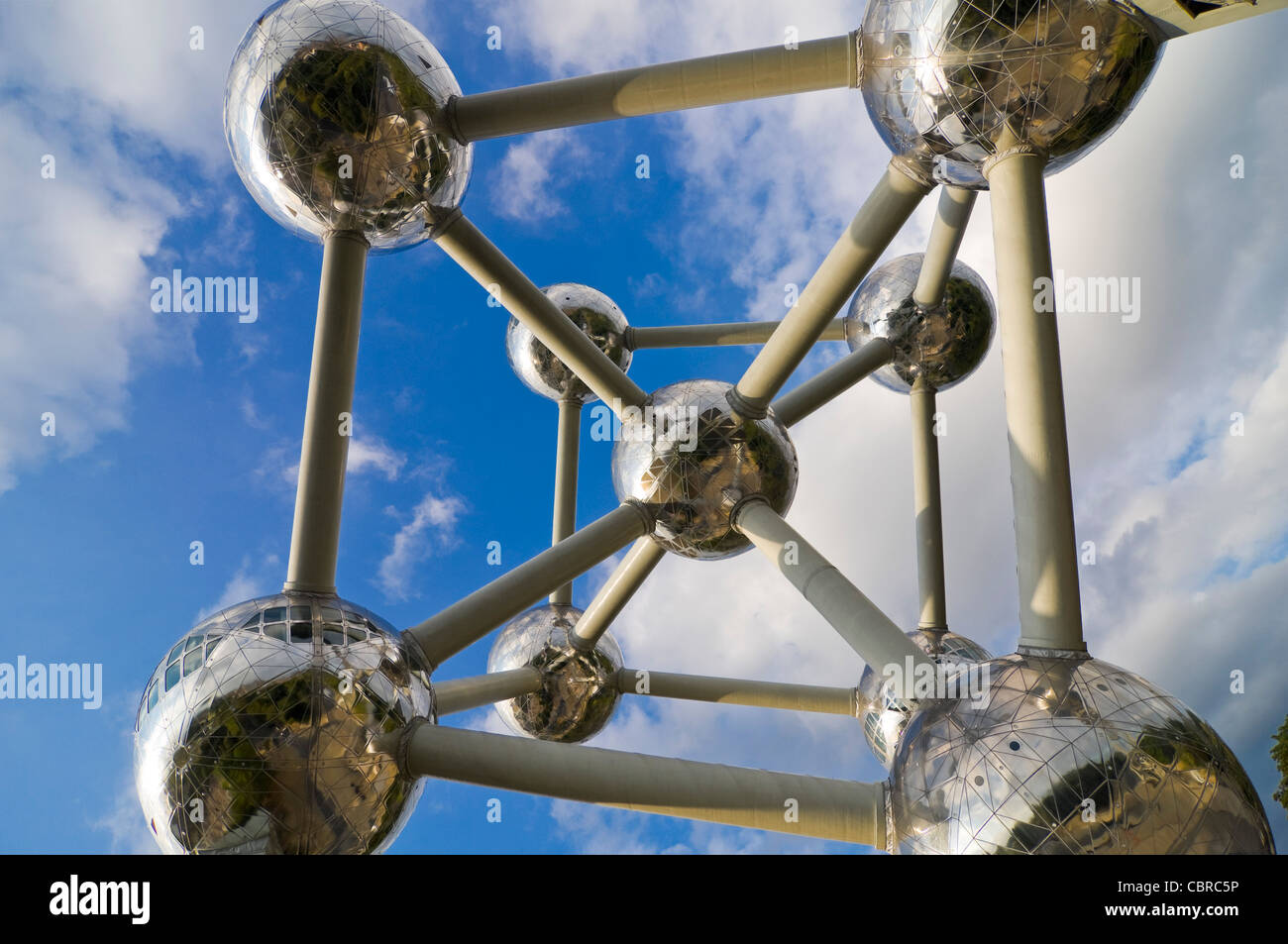 Horizontal close up of the nine reflective spheres of the Atomium ...