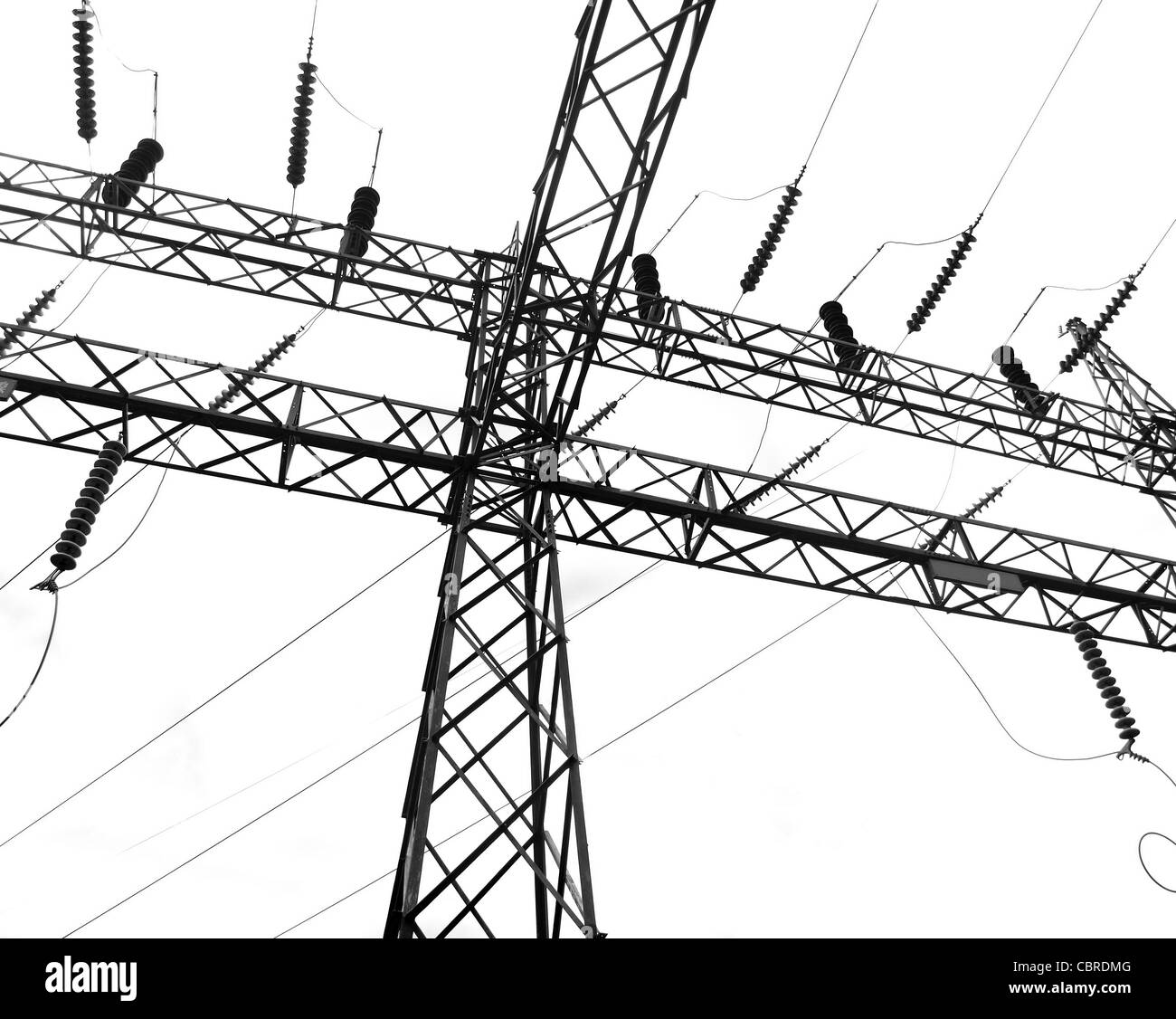 High voltage power pylon or transmission mast with ceramic insulators ...