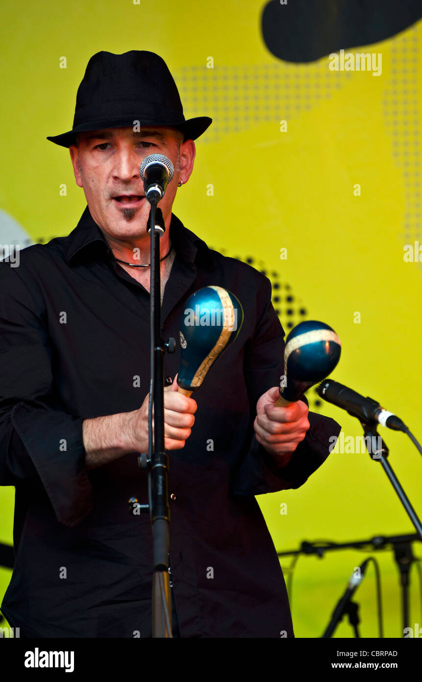 Vocalist with the Spanish band Radio Cos playing at The Mound ...