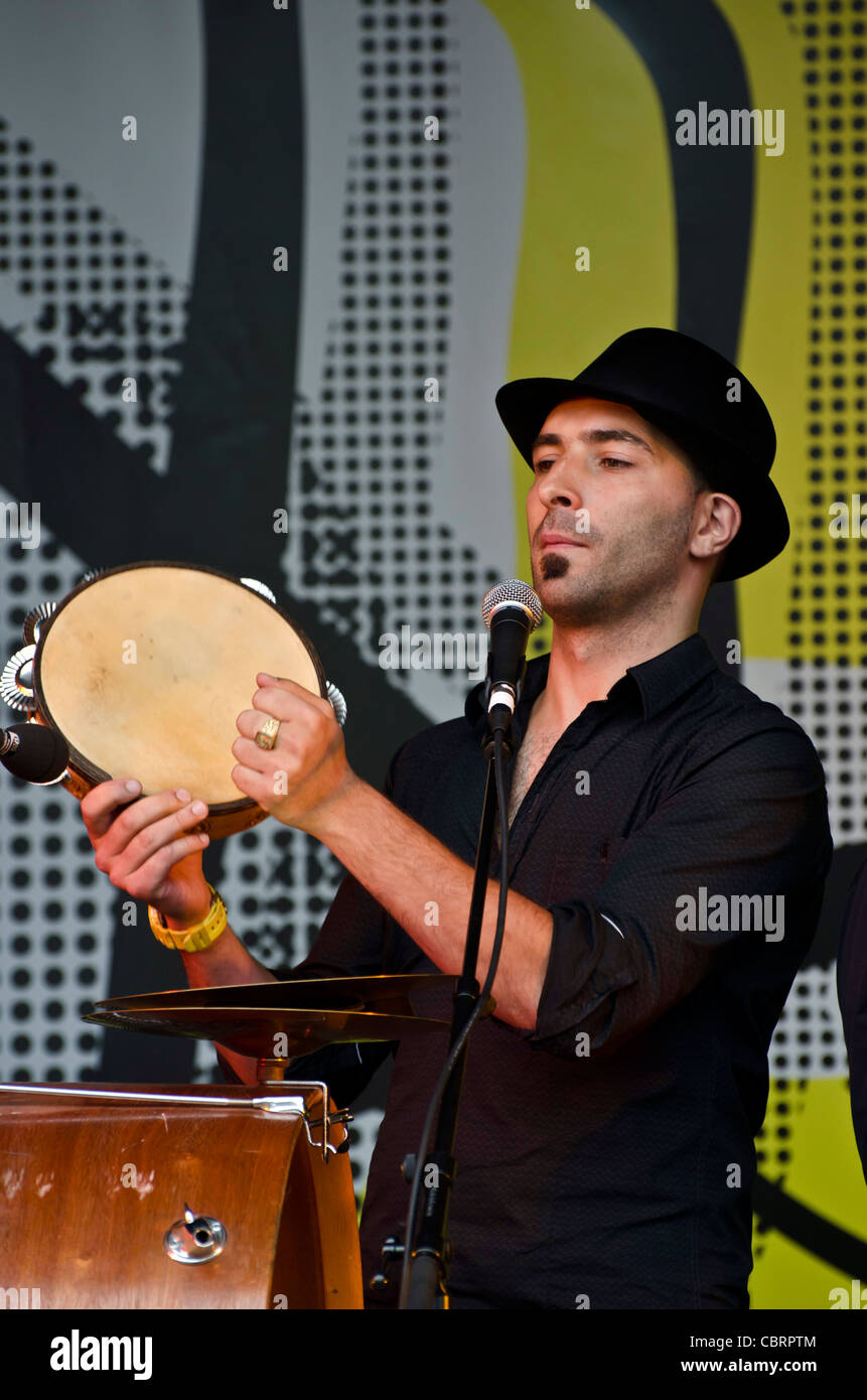 Percussionist with the Spanish band Radio Cos playing at The Mound ...