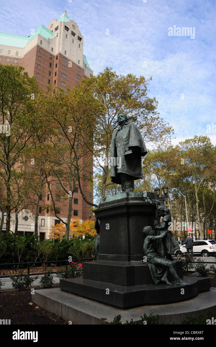Blue sky autumn trees park portrait Henry Ward Beecher Statue bronze ...