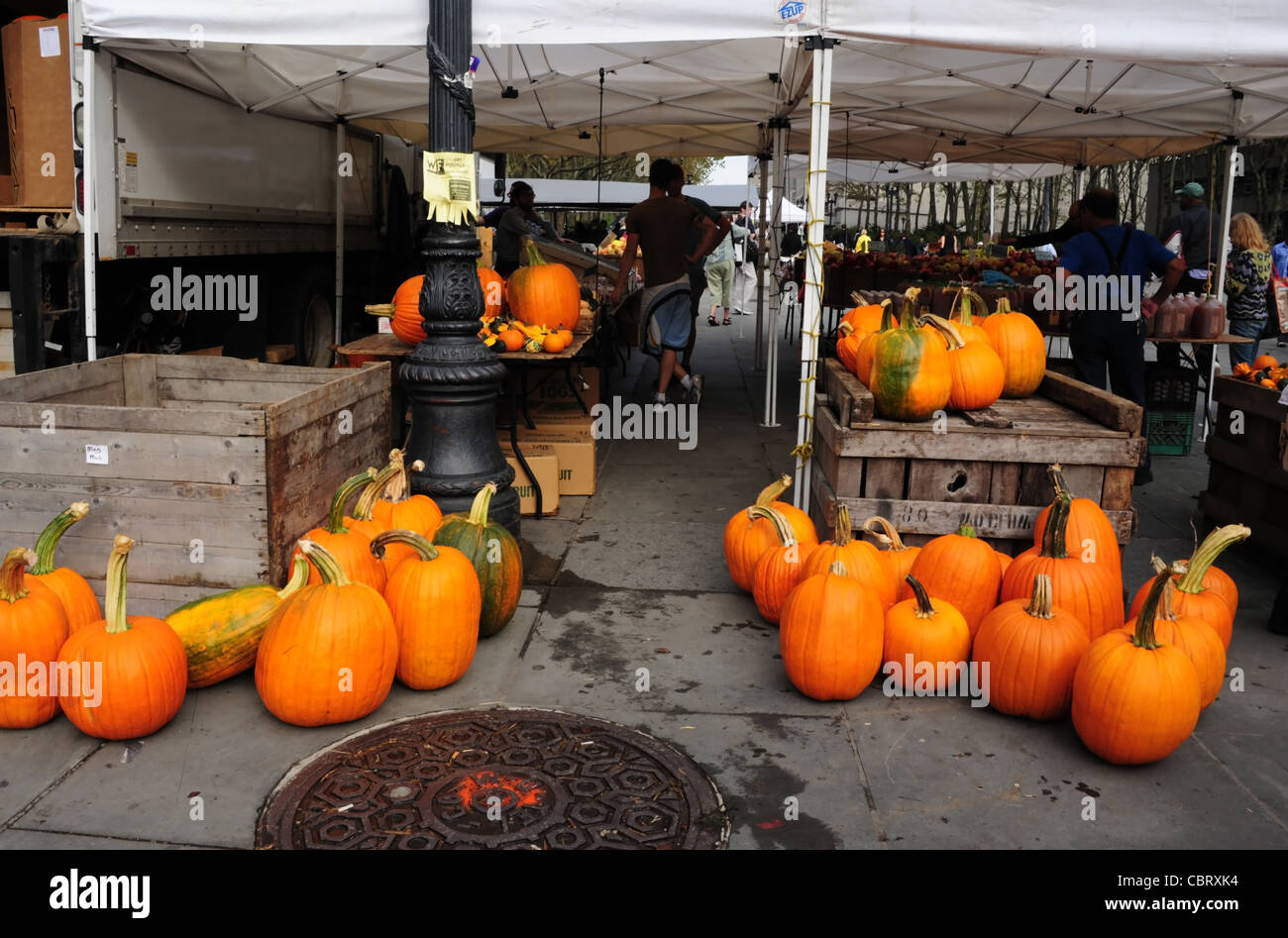 Orange pumpkins on flagstones, wooden crate stalls, farm-produce ...