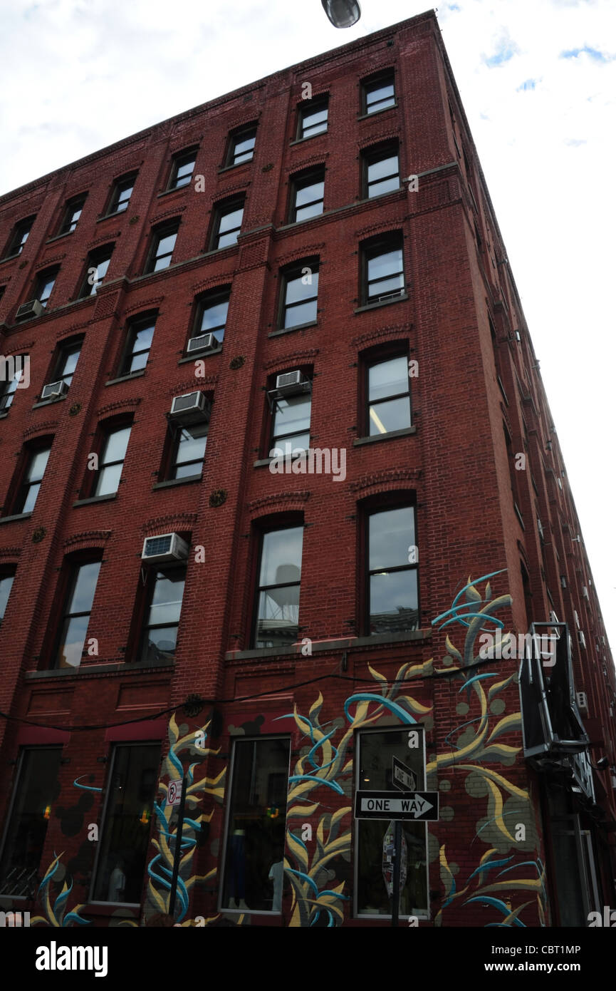 Grey sky portrait gentrified building, with ornate street art painted ...