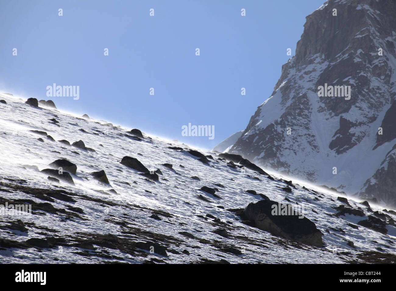 Windswept snow covered Mountain side in the Gokyo Valley Stock Photo ...