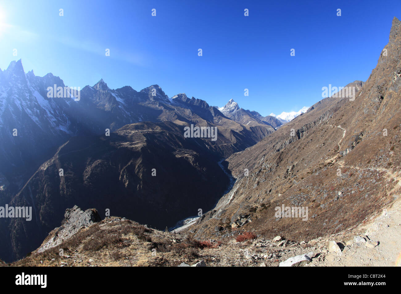 A deep river valley in the Gokyo region of the Nepali Himalaya Stock ...