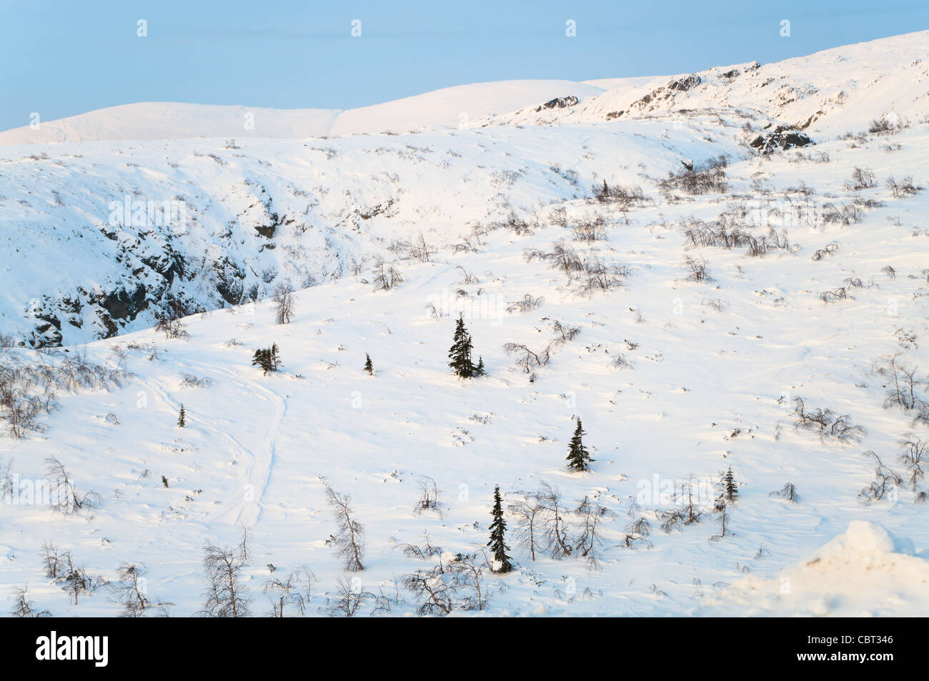 Wild slope in Khibins mountain in winter season on Kola Peninsula ...