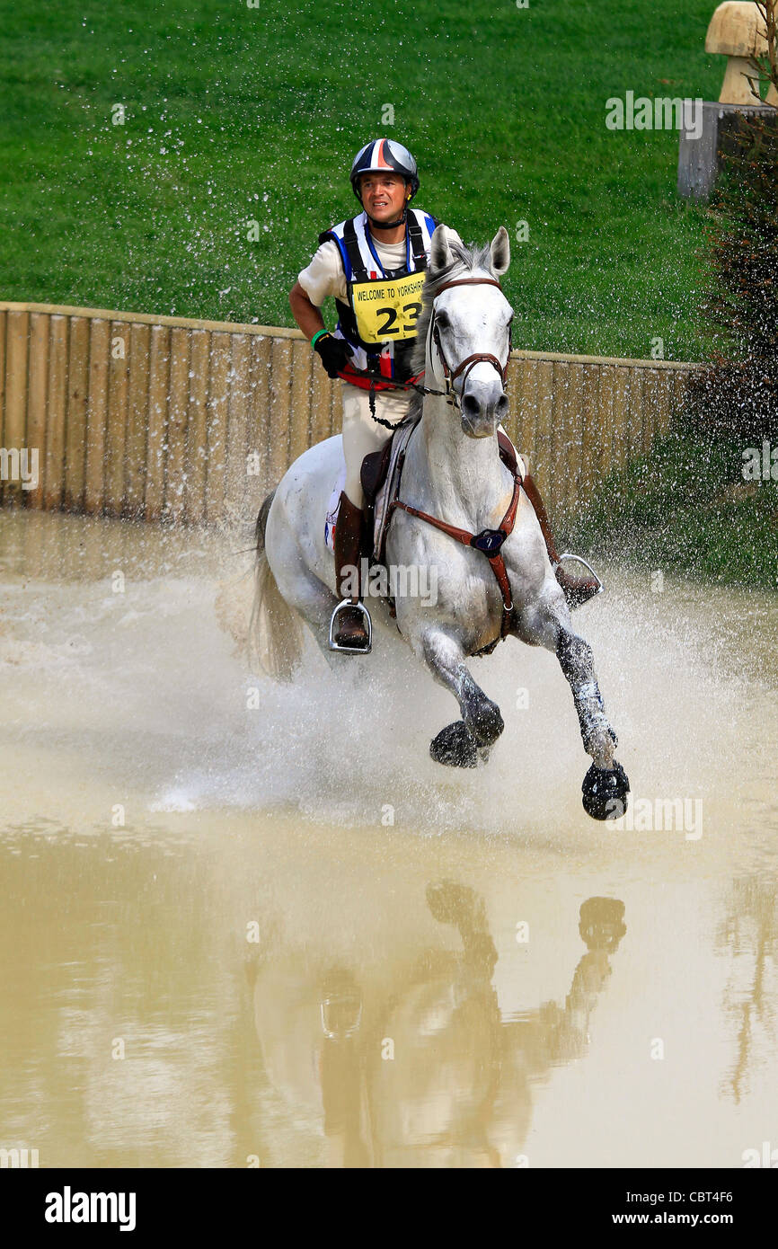 horse and rider race through the water to the next jump Stock Photo - Alamy