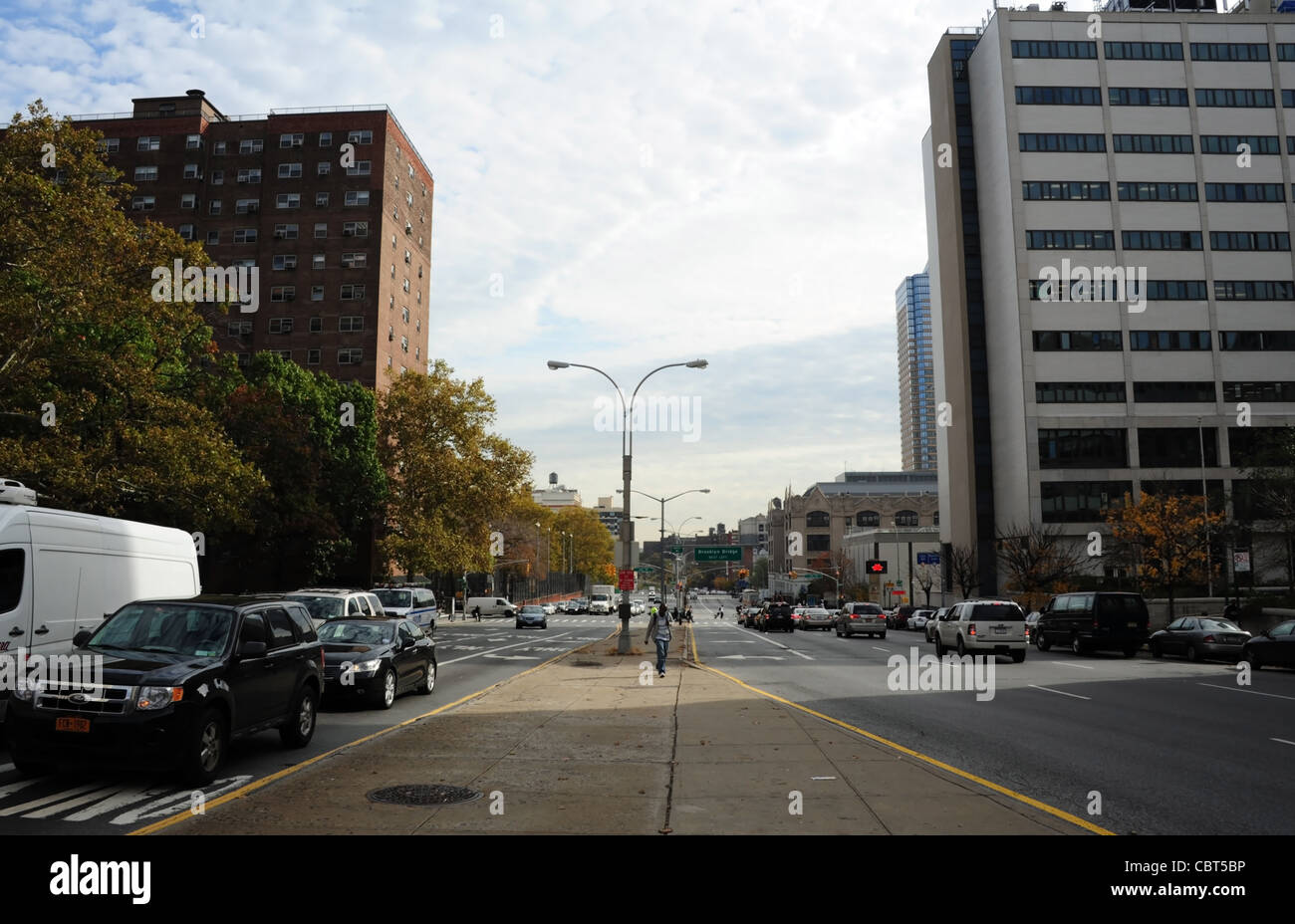 White sky autumn sun view cars, people, buildings, Tillary Street, at ...