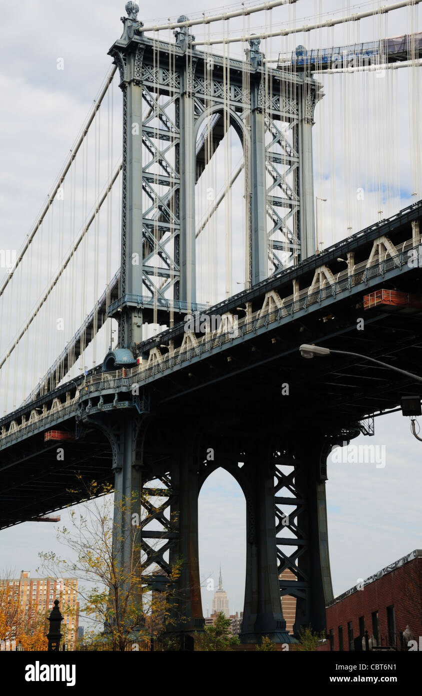 Autumn portrait grey nickel steel tower Manhattan Bridge, towards ...