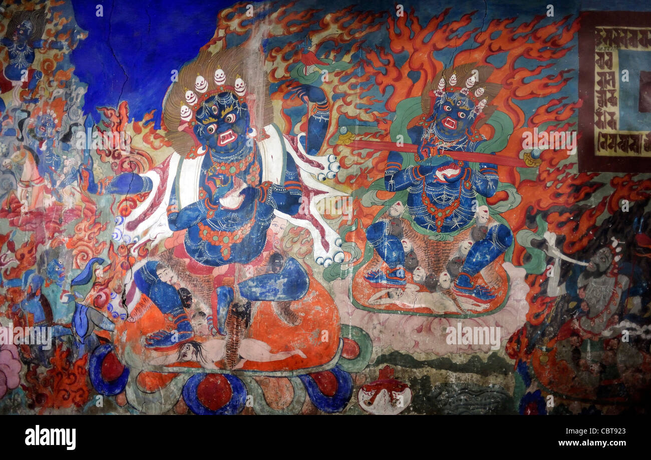 A wall painting of wrathful beings, probably aspects of Shri Devi ...