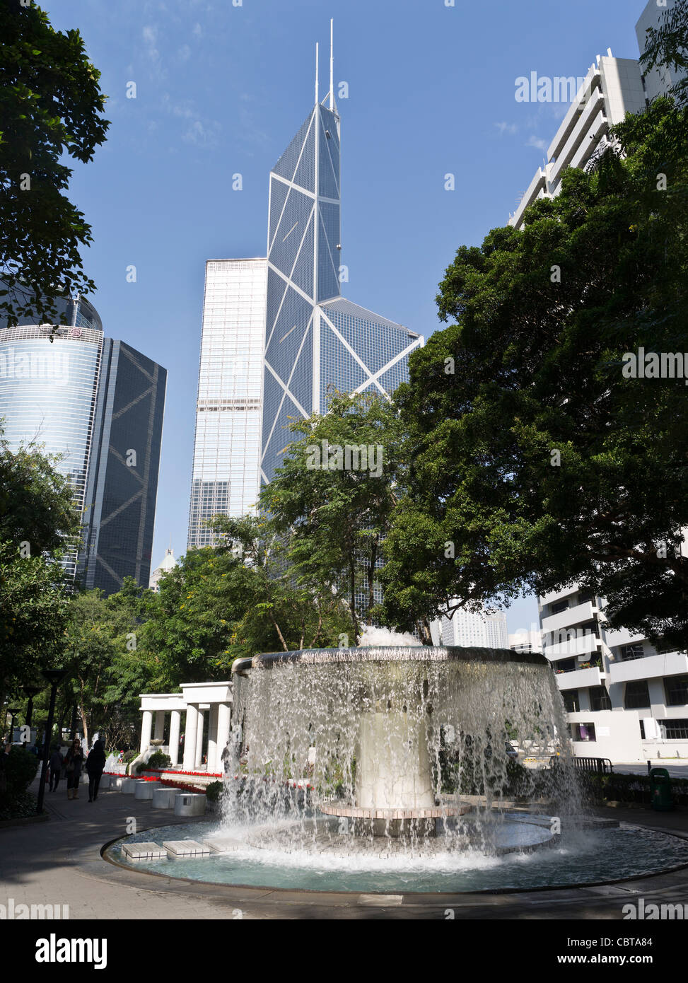 dh Hong Kong Park CENTRAL HONG KONG Skyscrapers and fountain in park Bank of China building ...