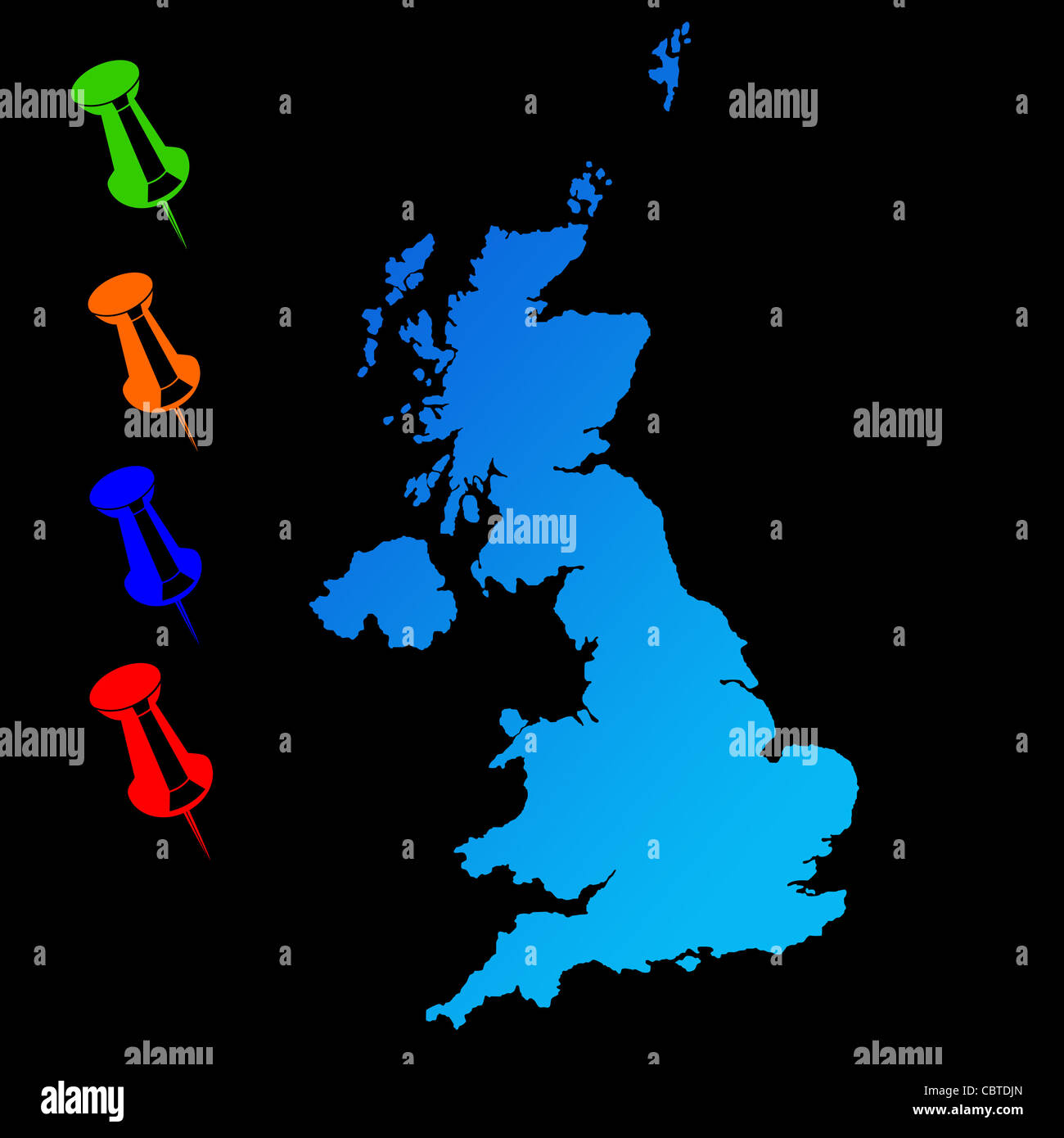 United Kingdom travel map with push pins on black background Stock ...