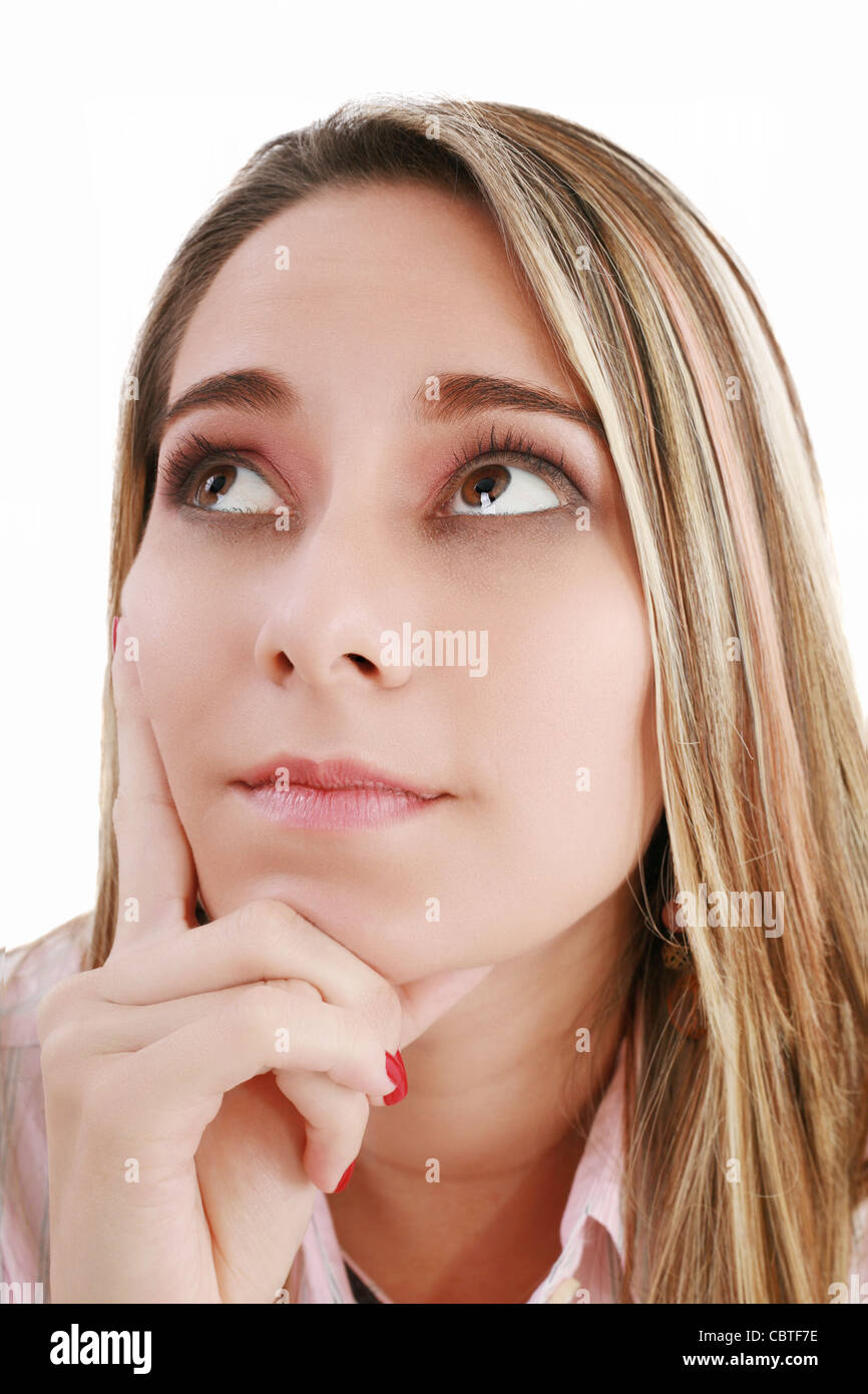 A thinking woman, isolated on white Stock Photo - Alamy