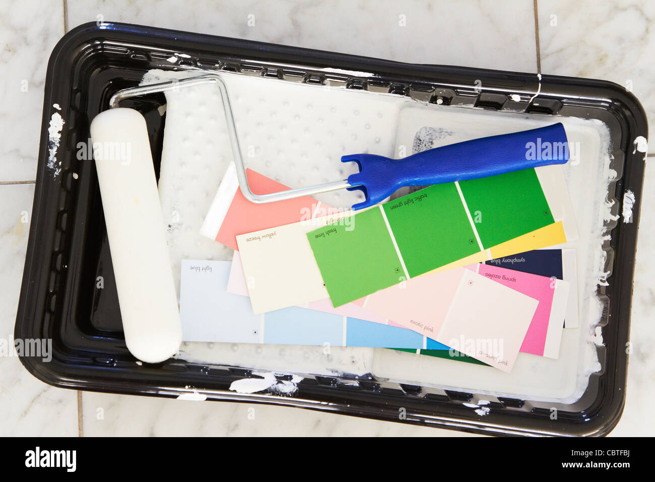 Paint roller, tray and color swatches Stock Photo - Alamy