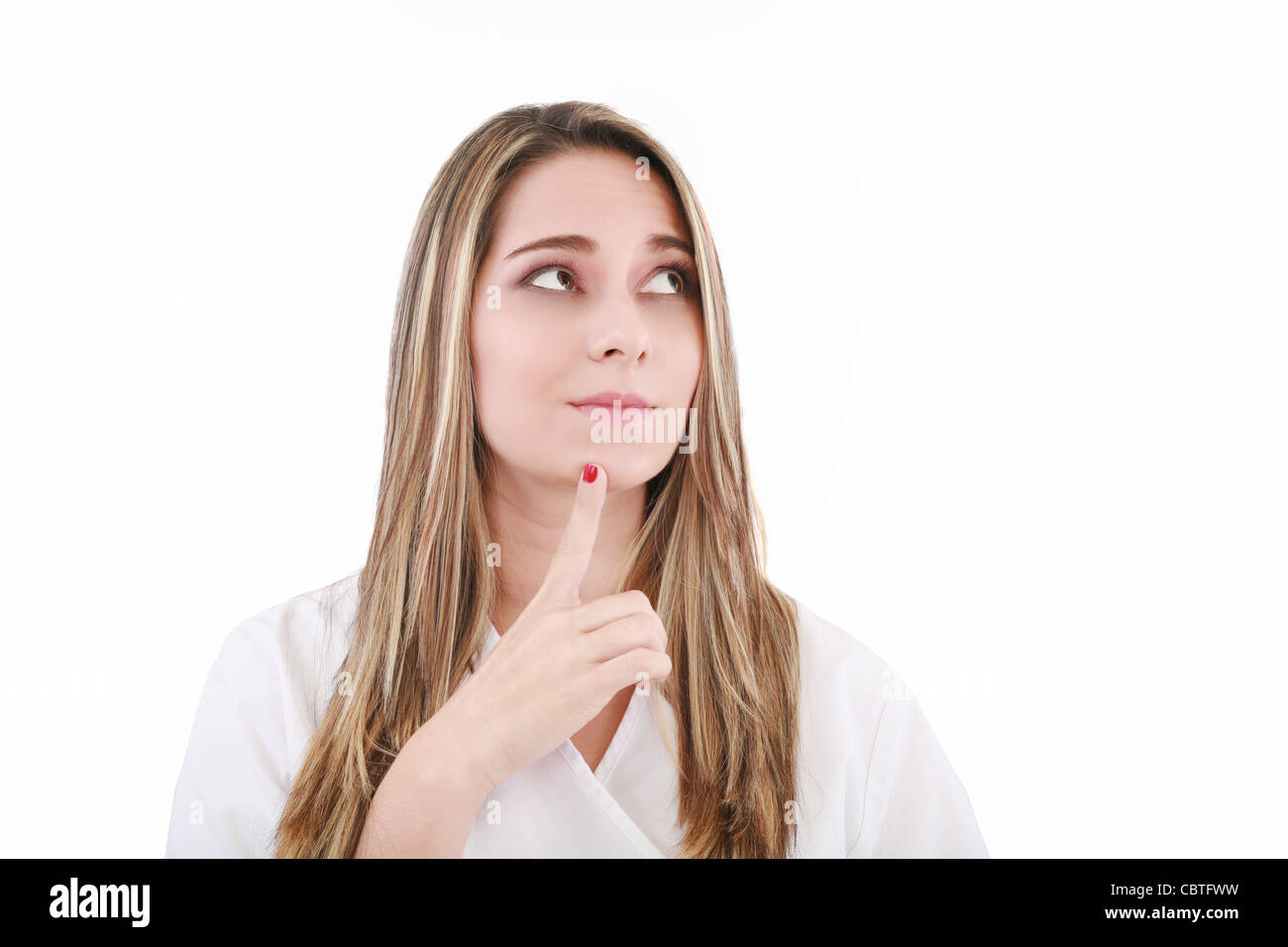 Thinking woman looking up, isolated on white Stock Photo - Alamy