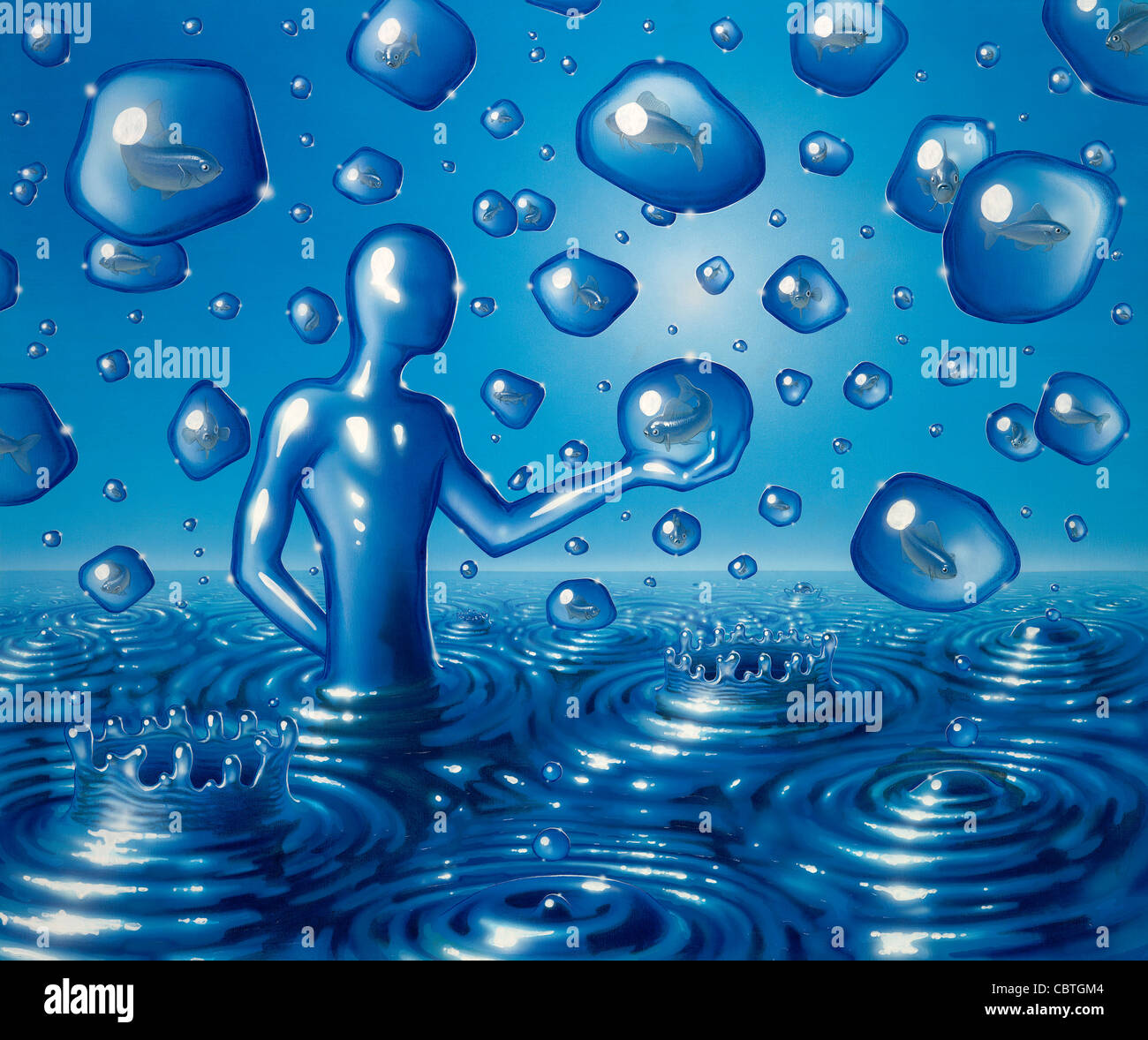 surreal picture painted by me, named "Aggregation". It shows a water ...