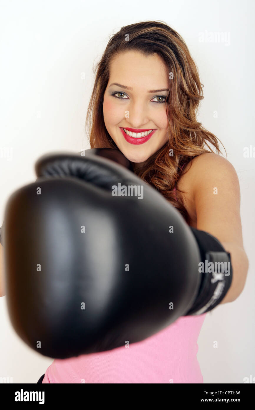 Pretty woman wearing boxing gloves Stock Photo - Alamy