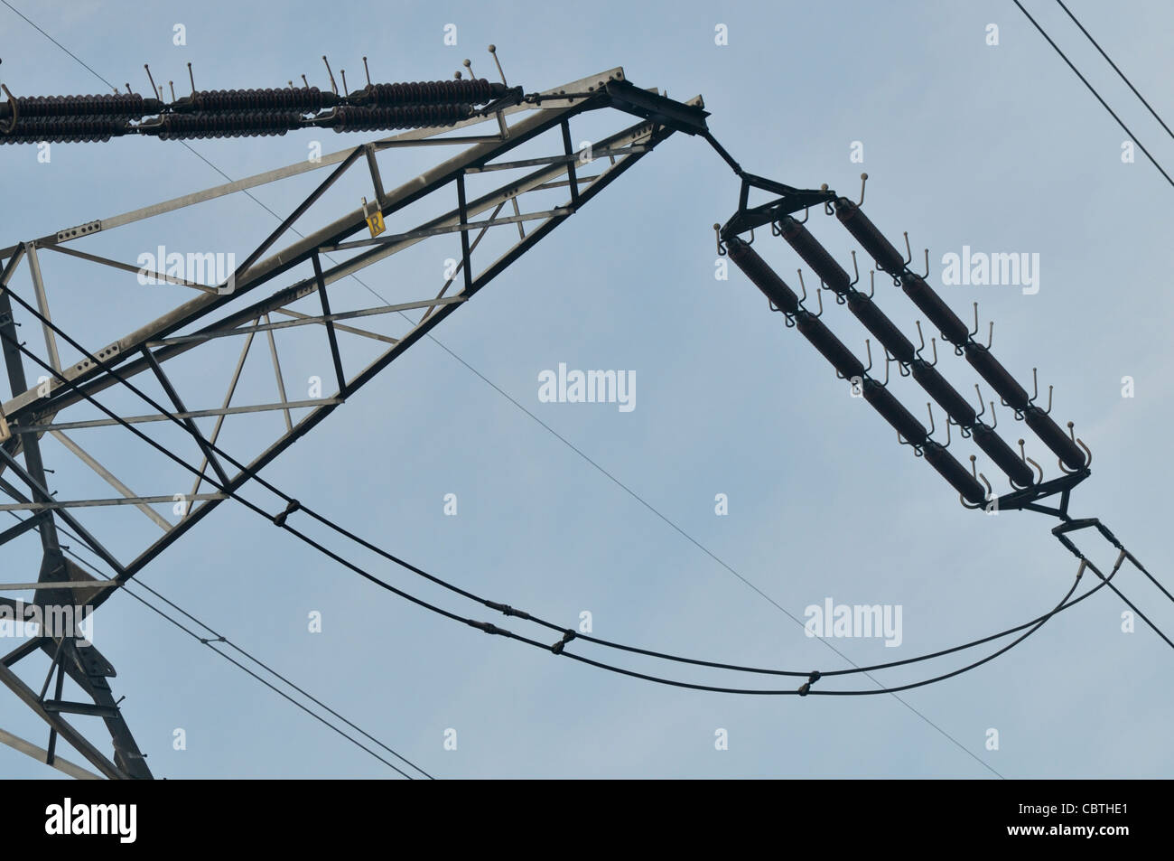 High tension - voltage power cables - over head power lines Stock Photo ...