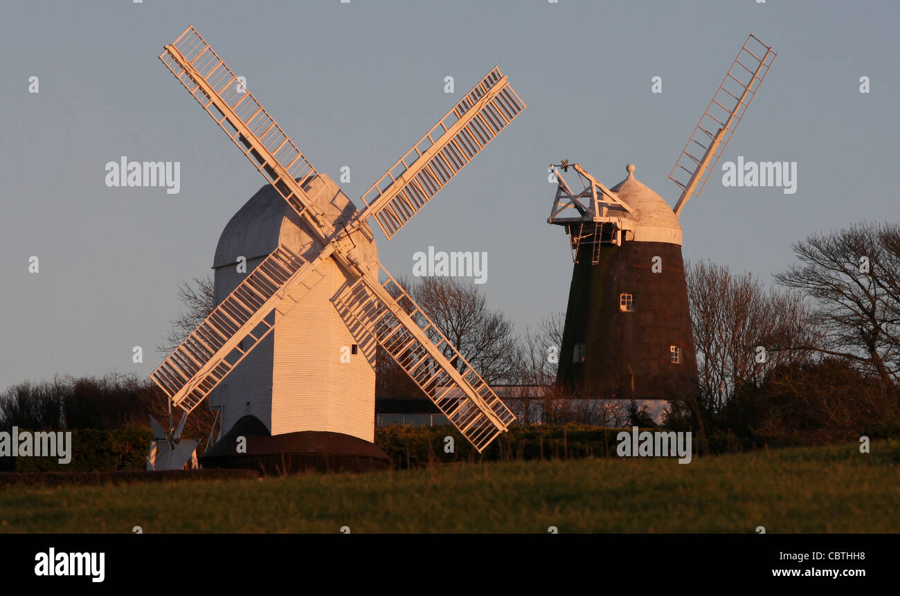 Jack and Jill windmills on the South Downs near Clayton at sunset Stock ...