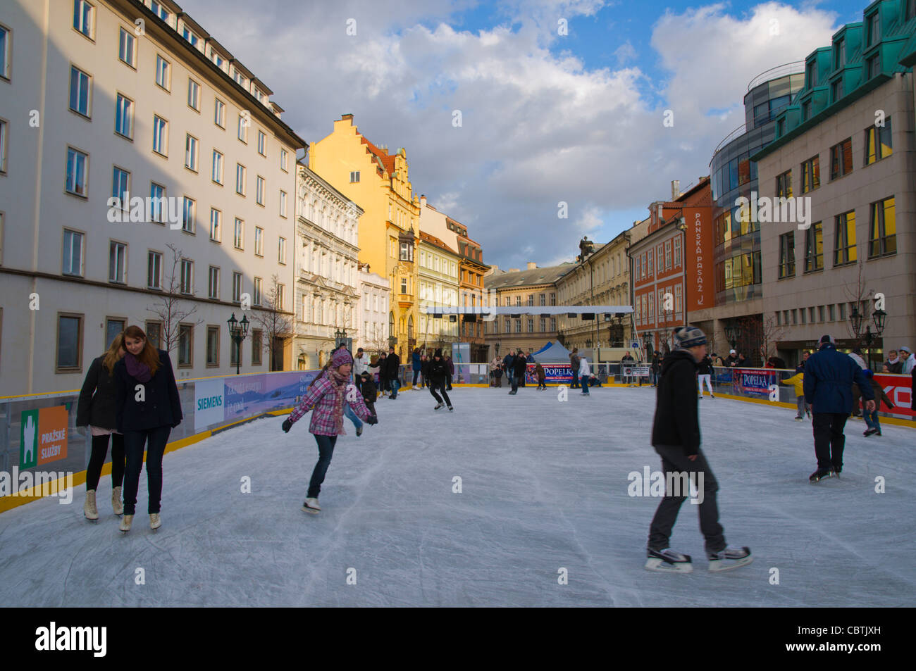 Ice skating rink at Ovocny trh square old town Prague Czech Republic ...