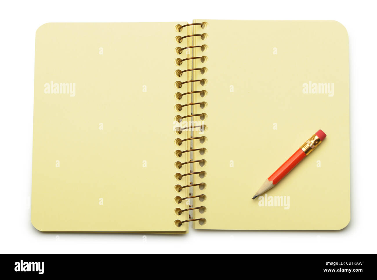 Notebook yellow paper and red pencil. Isolated on white Stock Photo - Alamy
